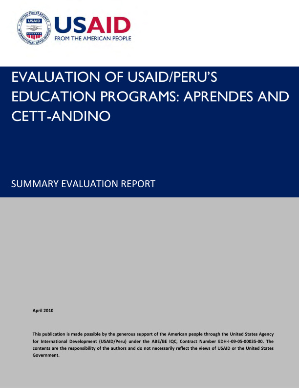 Evaluation of USAID/Peru"s education program : AprenDes and CETT-Andino ...