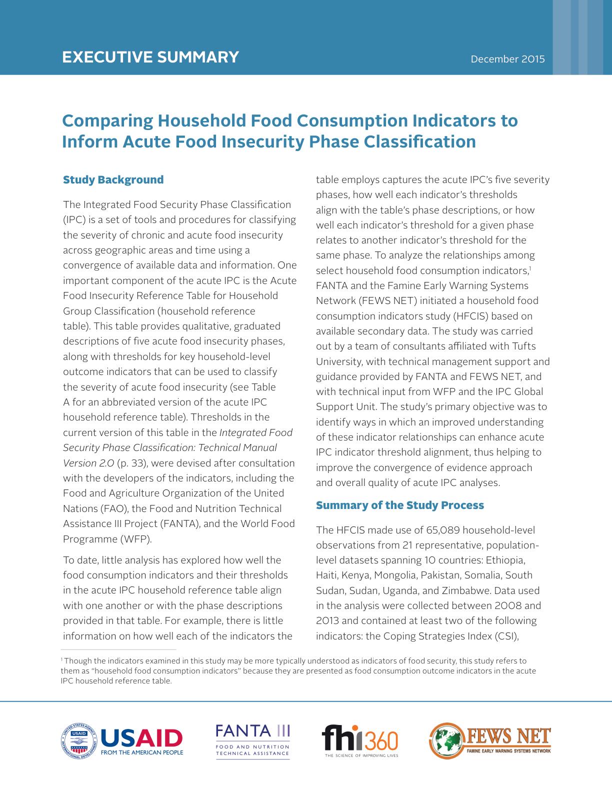 Household Food Consumption Indicators for Acute Food Insecurity ...