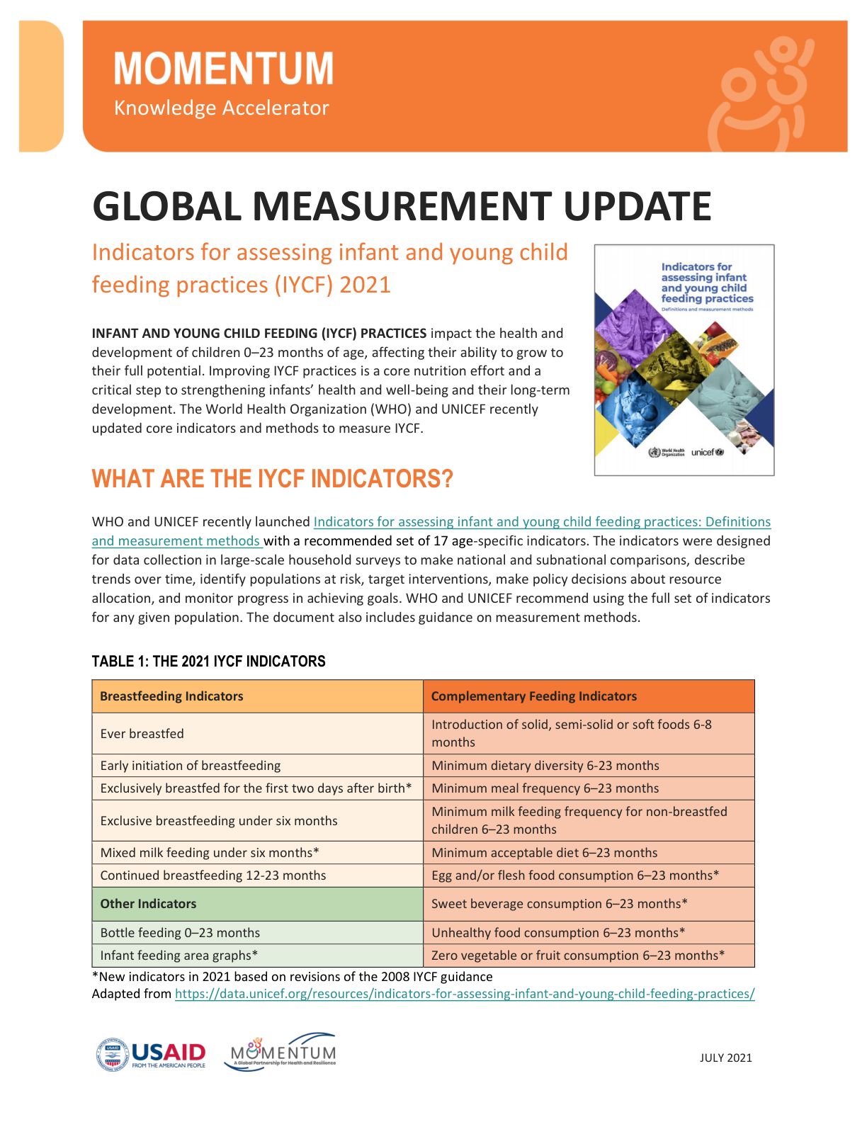 MOMENTUM Global Measurement Fact Sheet: IYCF Indicators and Methods ...